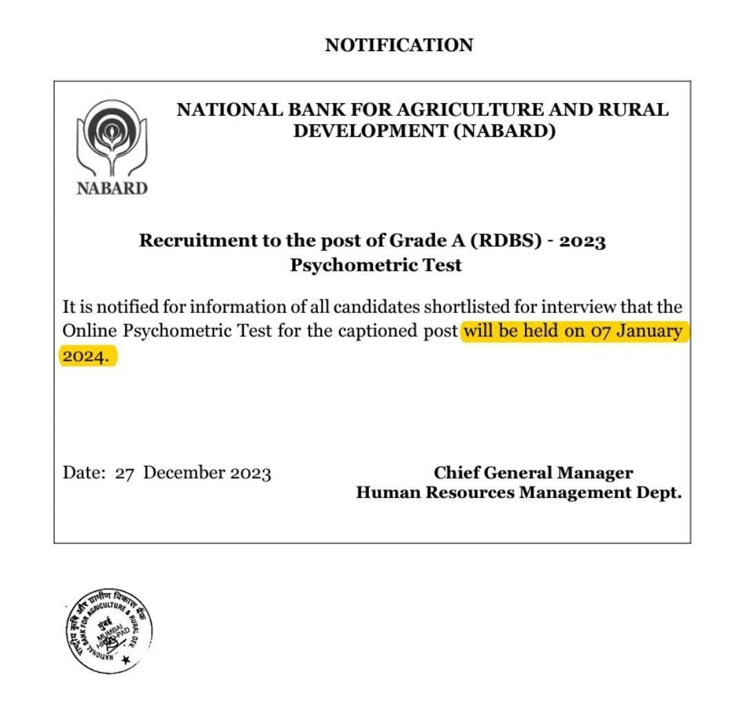 NABARD Grade A Psychometric Test Call Letter 2024 Out, Direct Link