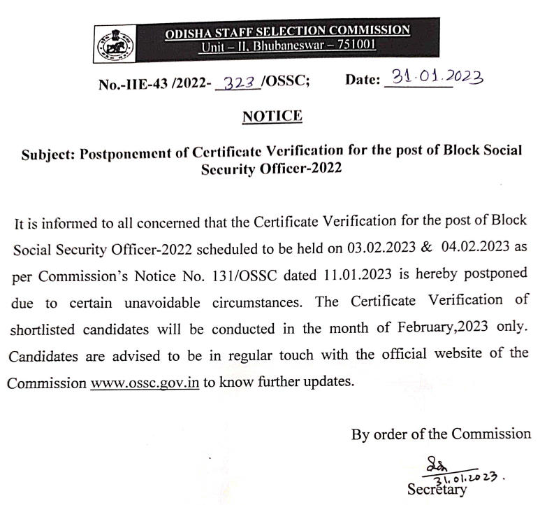 OSSC BSSO Certificate Verification Postponement Notice 2023