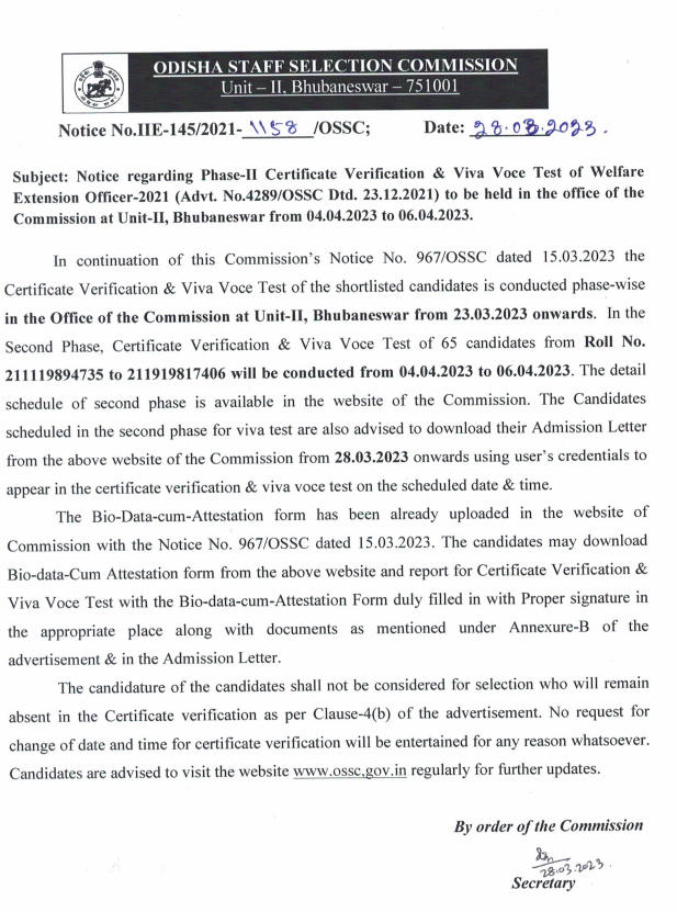 OSSC WEO 2023 Exam Schedule for Certificate Verification OSSC WEO 2023 Exam Schedule for Certificate Verification